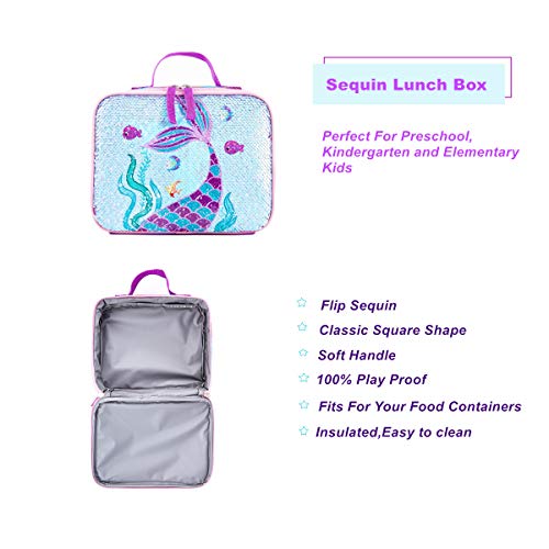THE Crafts Reversible Sequin School Backpack Lightweight Little Kid Book Bag with Lunch Bag Set for Preschool Kindergarten Elementary (17", Mermaid with Lunch Bag)