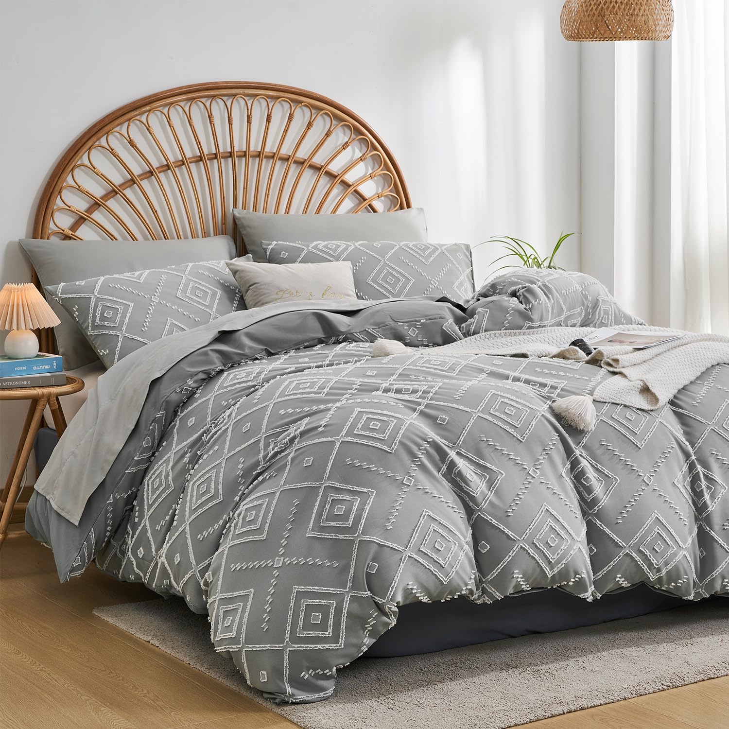 Senville Tufted Duvet Cover King Size,Jacquard Geometric Pattern,Soft Lightweight Grey Duvet Covers Set for All Seasons,3 Pieces Boho Shabby Chic Bedding Set with Zipper Closure(Light Grey,King)