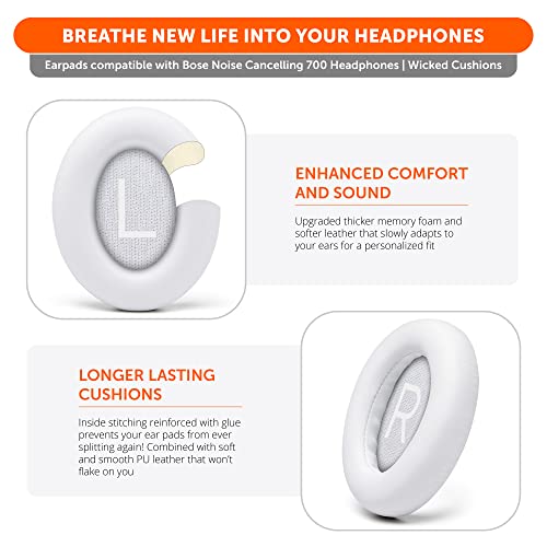 WC Wicked Cushions Upgraded Replacement Ear Pads for Bose 700 Noise Cancelling Headphones (NC700) - Softer PU Leather, Luxurious Memory Foam, Added Thickness, Extra Durable Ear Cushions | (White)