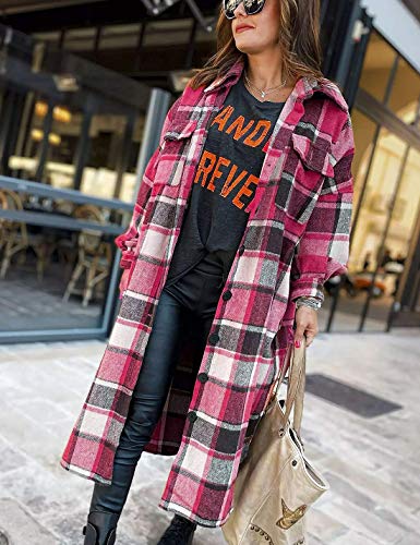 Omoone Women's Lounge Lapel Button Up Long Sleeve Plaid Long Shirt Jacket Shacket(O1766-RoseRed-XXL)