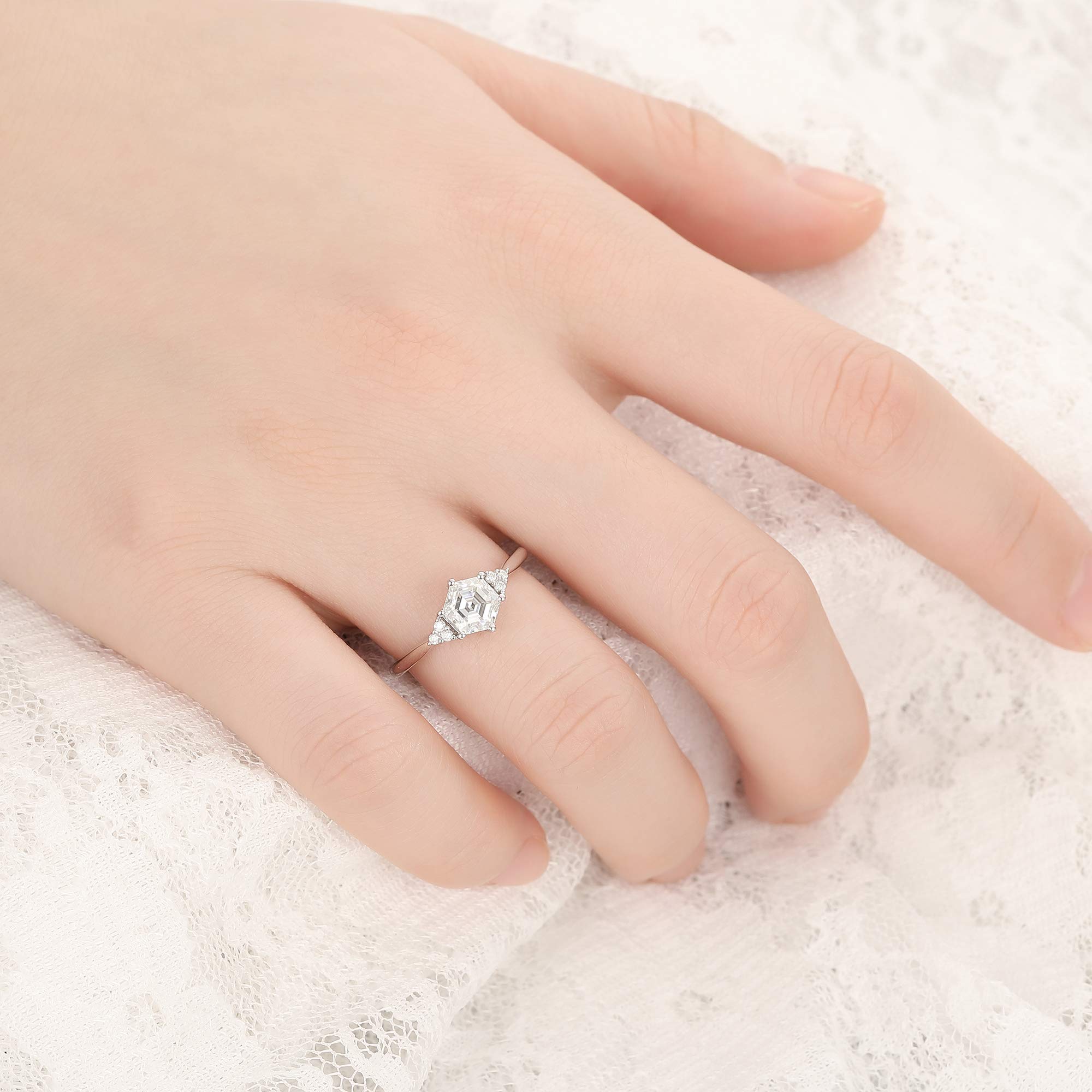 Esdomera Excellent Hexagon Cut 6mm 1.85ct Genuine Moissanite Women's Ring Platinum Plated Sterling Silver Ring Accents Engagement Ring for Women (7)