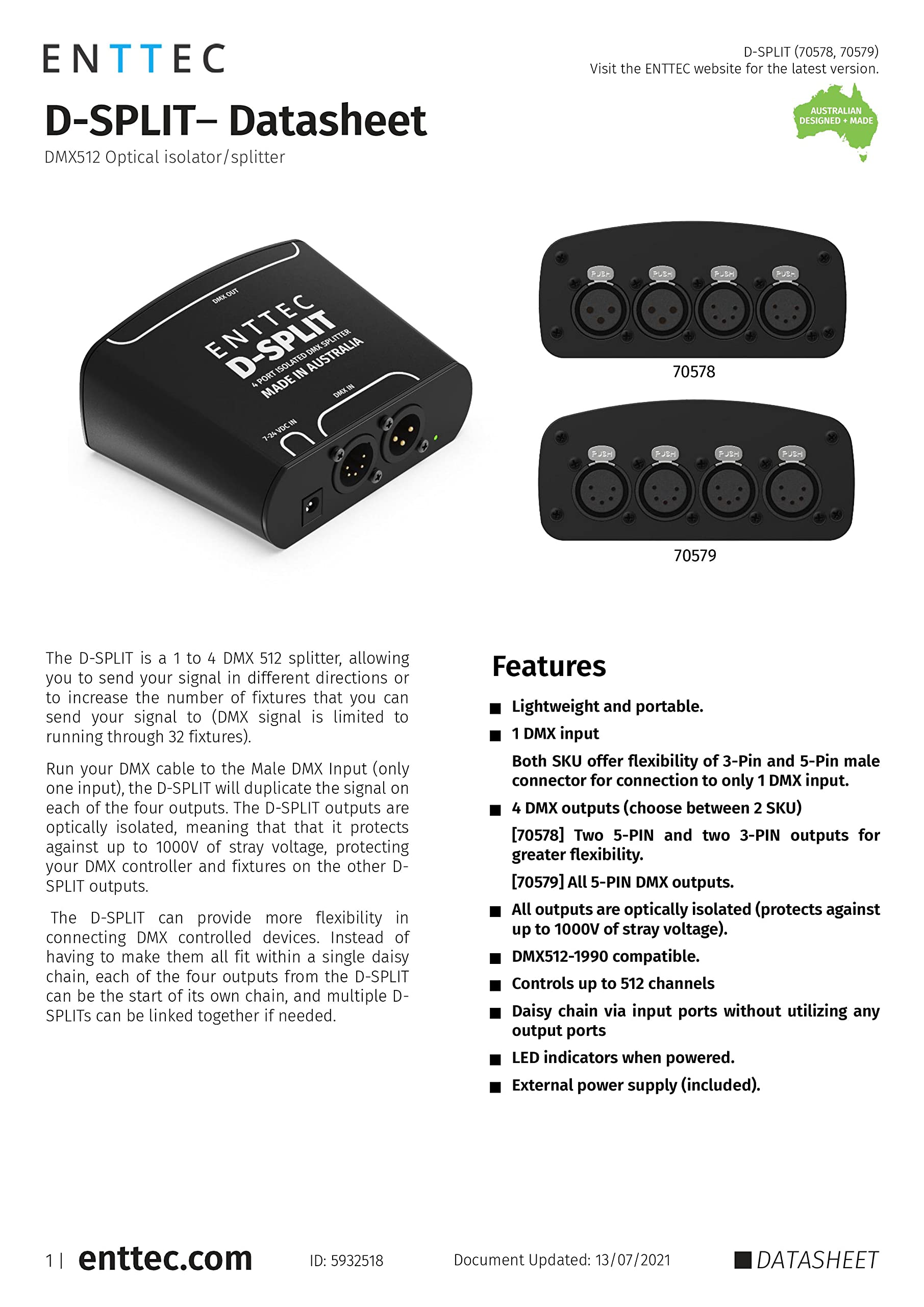 Enttec D-Split 70579 DMX 4 Port Isolated Splitter / Isolator (5-Pin)