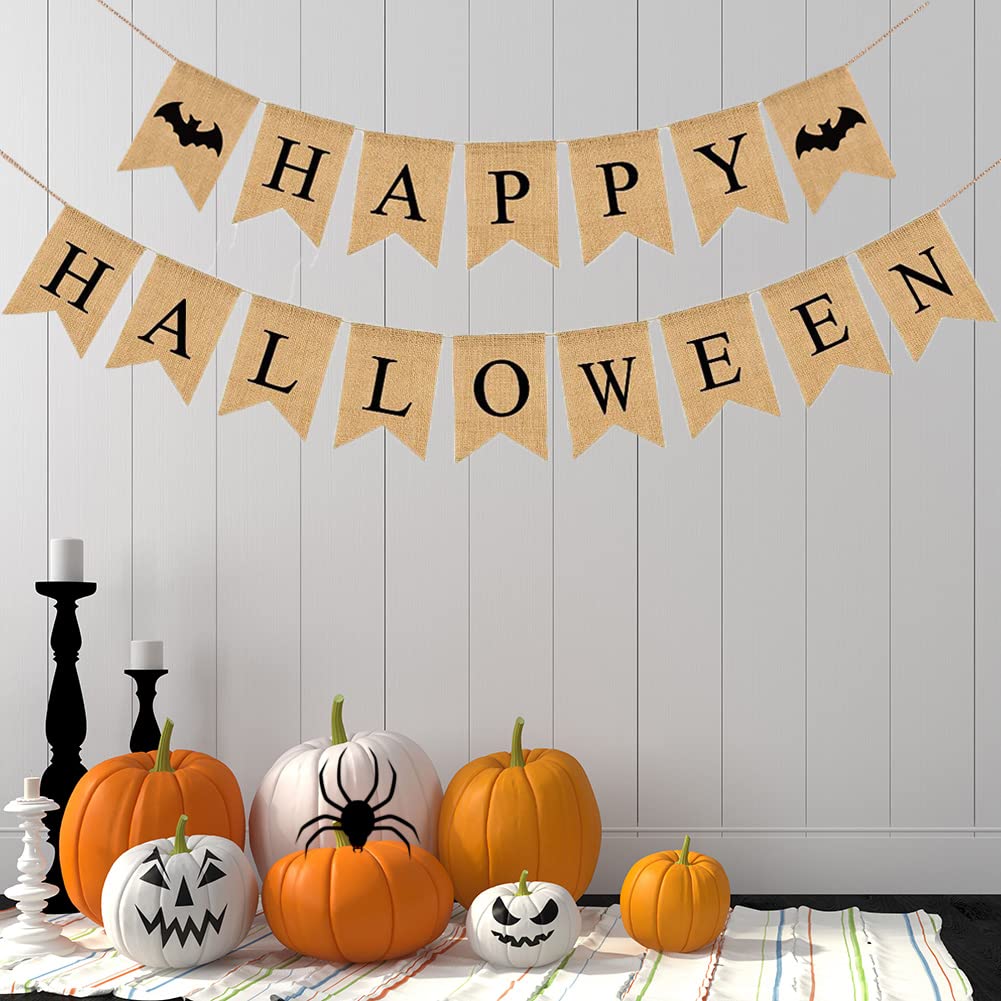 Happy Halloween Burlap Banner Decor, 16Pcs Linen Bunting Hanging Banner Ornaments Halloween Home Party Wall Decoration Supplies