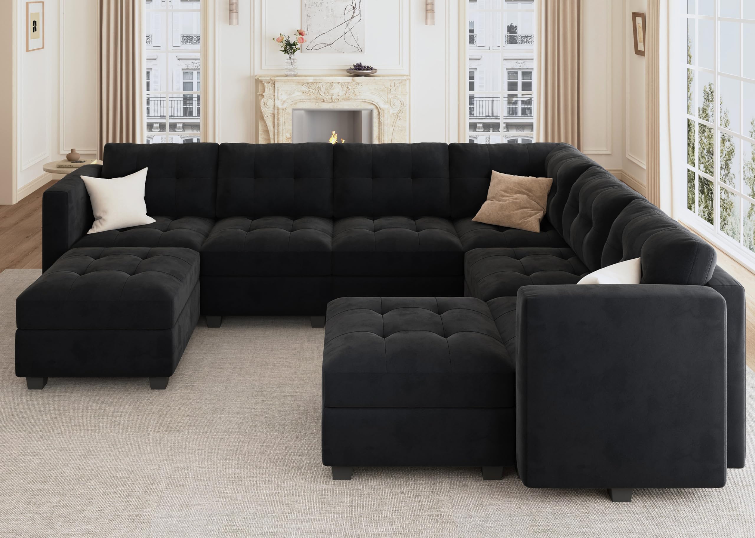HONBAY Modular Sectional Sofa with Storage Ottomans Oversized U Shaped Couch with Chaises 8-Seater Sectional Sofa for Living Room, Black