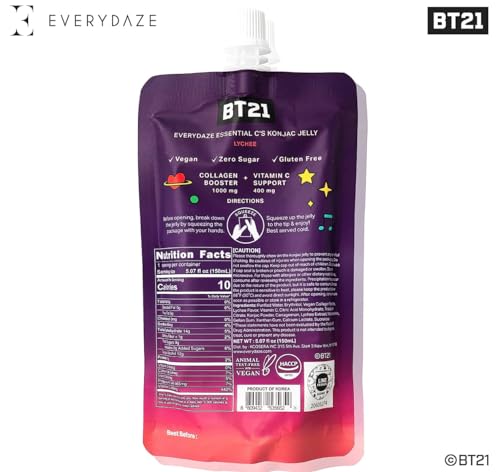 EVERYDAZE BT21 Essential C’s Collagen + Vitamin C Konjac Jelly | Vegan, 10 Calories, 0 Sugar | Lychee | 10 Packs | Healthy Diet Pouch Drinkable Snack Drink, Weight Management