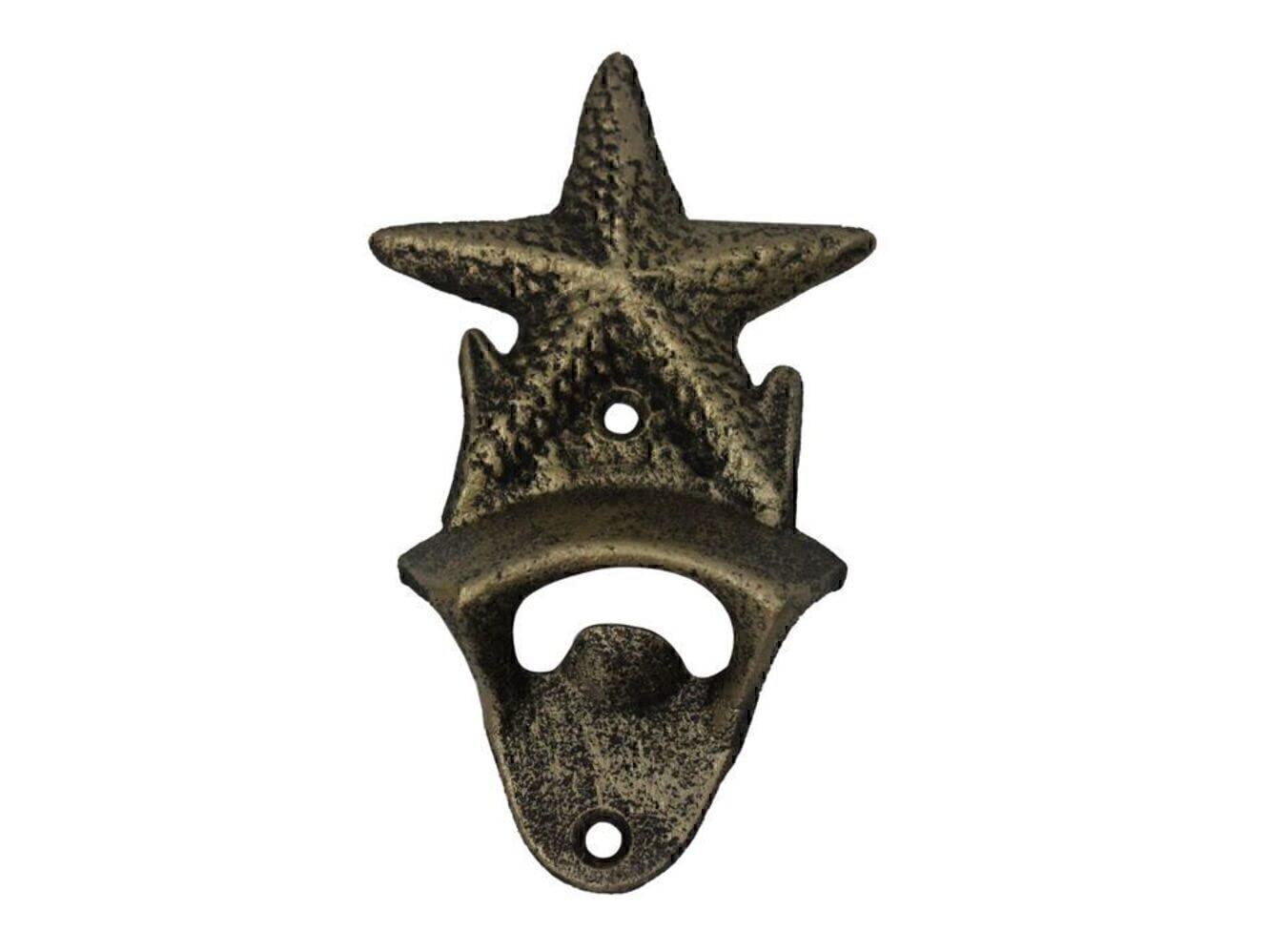 Hampton Nautical Rustic Gold Cast Iron Wall Mounted Starfish Bottle Opener 6" - Starfish Decoration - Starfish Wall Decor