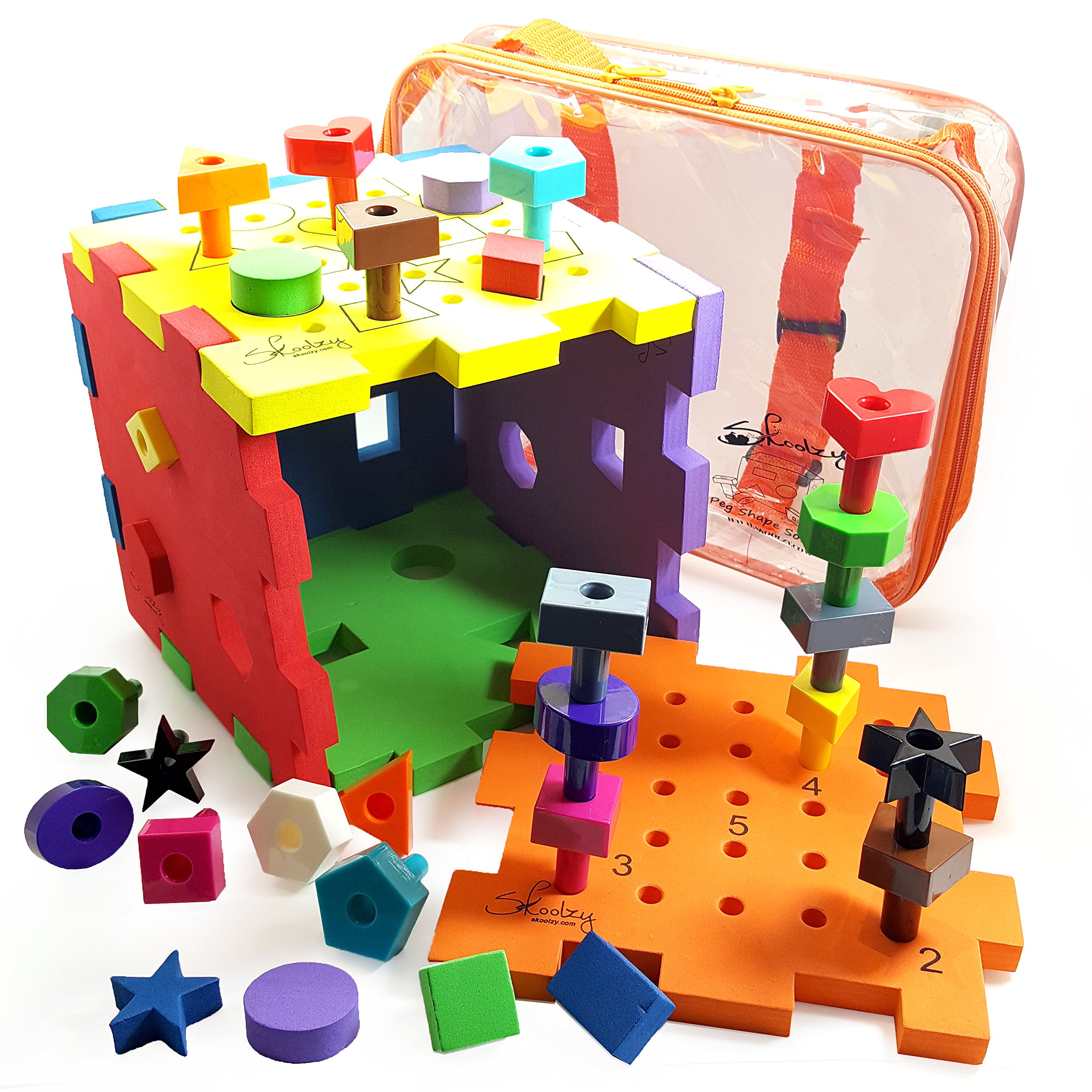 Skoolzy Peg Board Builder 7 in 1 30 Piece Jumbo Set - Educational Color Matching Puzzles Shape Sorter Montessori Sensory Toys for Toddlers Preschoolers STEM Kids Toys Includes eBook