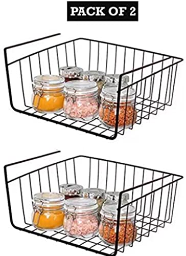 RoomForLife - 2 Pack Under Shelf Organization Baskets - Color Black - Slips on any Shelf/Cabinet - Kitchen Closet Laundry More