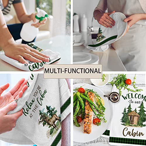 Hexagram Cabin Decor, Cabin Kitchen Towels Set of 4, Farmhouse Bear Deer Tea Towels, Log Cabin Decor, Rustic Decorative Hand Towels for Kitchen, New Home Housewarming Gifts
