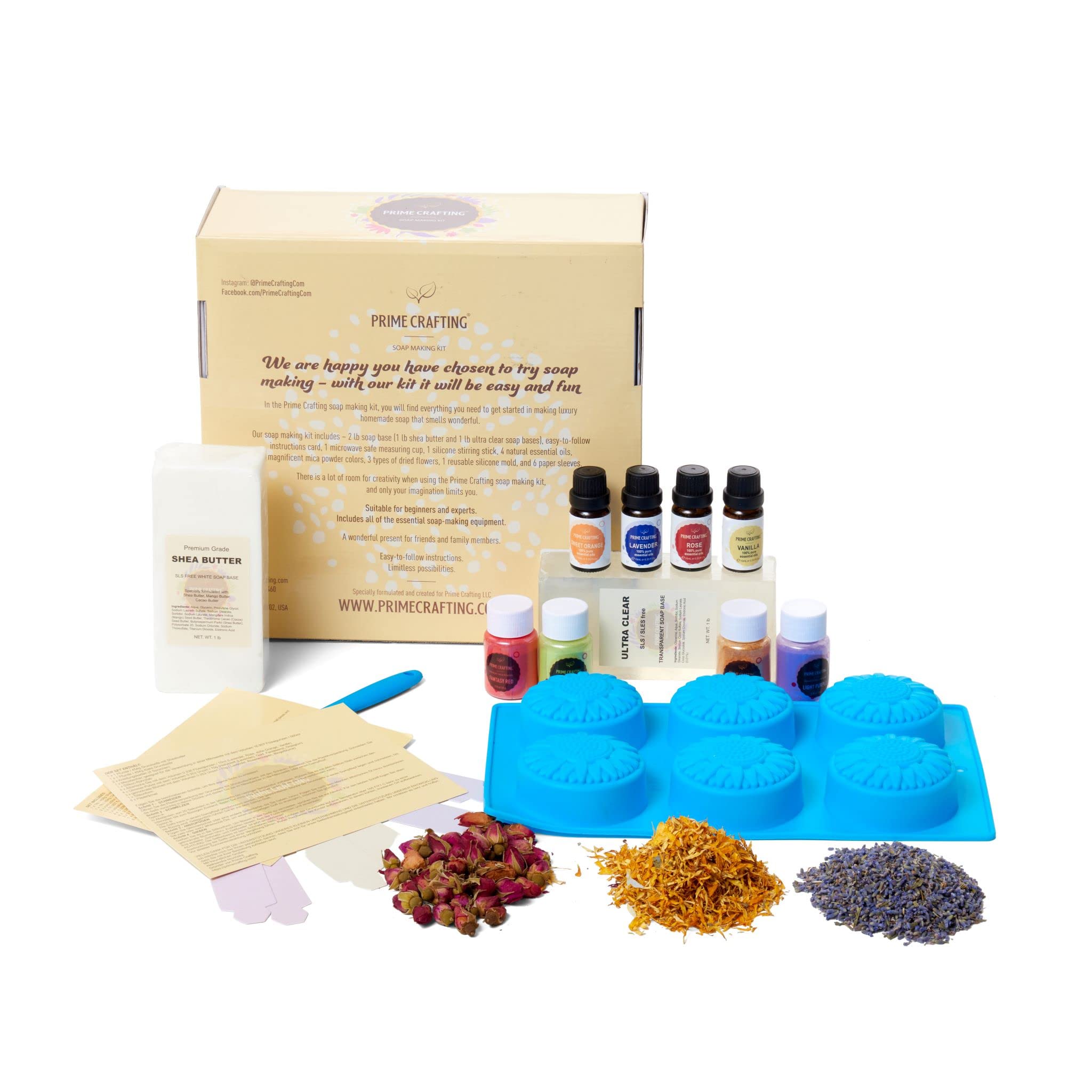 DIY Soap Making Kit - Soap Making Supplies with 1lb Shea Butter Soap Base & 1lb Ultra Clear Soap Base, 4 Mica Powders & 4 Essential Oils β 1 Silicone Soap Mold with Spatula & Dried Flowers