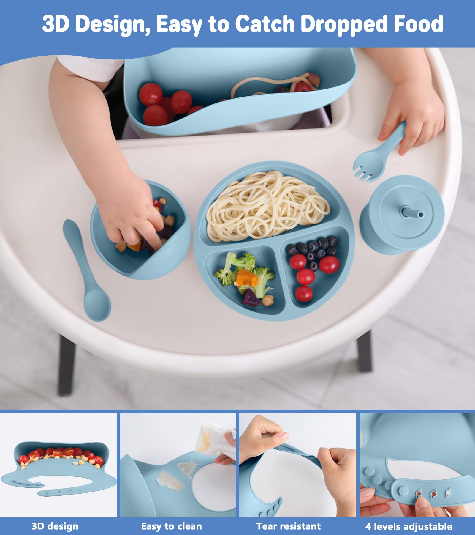 ECLIP Silicone Baby Feeding Set, 10 Pcs Baby Led Weaning Supplies with Suction Bowl Divided Plate Adjustable Bib Soft Spoon Fork Snack Cup with Lid Drinking Cup, Utensil (Blue)