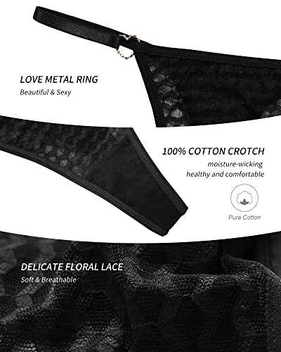 SHARICCA Lace G-String Thong for Women Low Rise Sexy Underwear Comfort T-back Thongs Panties Pack, 3P02,M