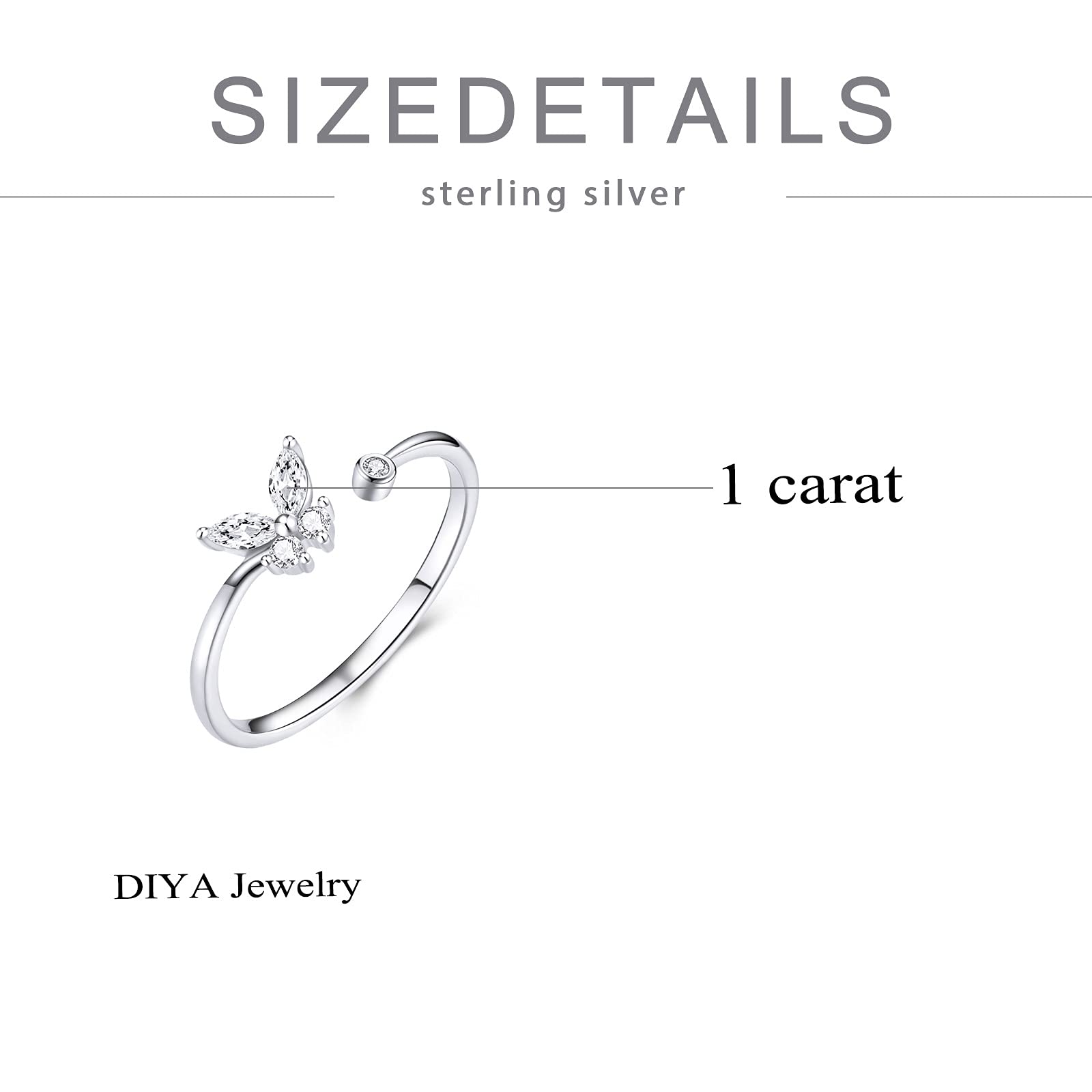 DIYA Diamond Adjustable Butterfly Ring Sterling Silver 1 Carat Moissanite Diamond Ring Open Ladies Dainty Stackable Ring Wedding Bands Anniversary Engagement Rings for Women (White gold plated)