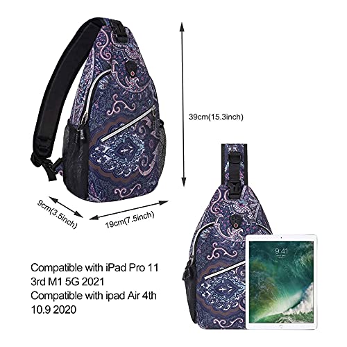 MOSISO Sling Backpack,Travel Hiking Daypack Pattern and Fan-shaped Rope Crossbody Shoulder Bag, Navy Blue Base Totem Texture&Black