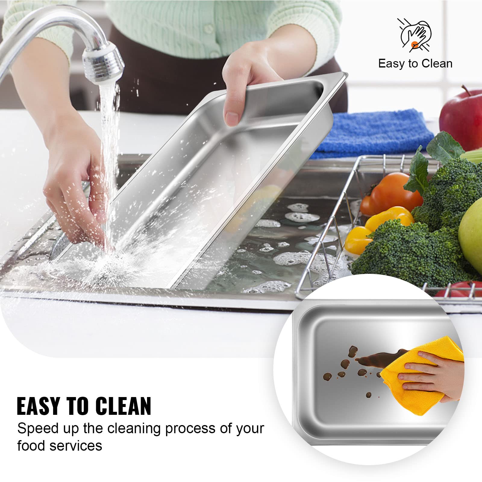 Mophorn Hotel Pans Full Size 2.5 Inch Deep, Steam Table Pans 6 Pack, 22 Gauge/0.8mm Thick Stainless Steel Hotel Pan Anti Jam Steam Table Pan