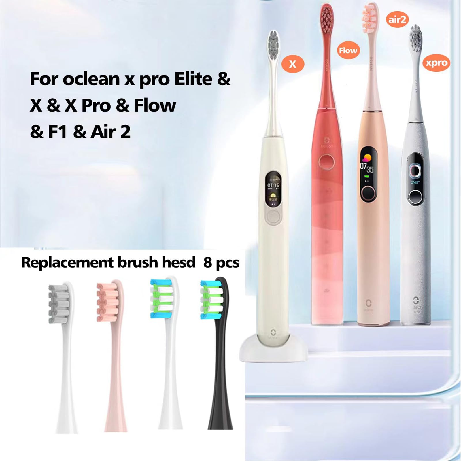 GTHUNDER 8Pcs Replacement ElectricToothbrush Head for Clean Heads, with Independent Hygienic Caps,Vacuum Packaging, for All Clean Models Clean x pro Elite & X & X Pro & Flow & F1 & Air 2 (Black)