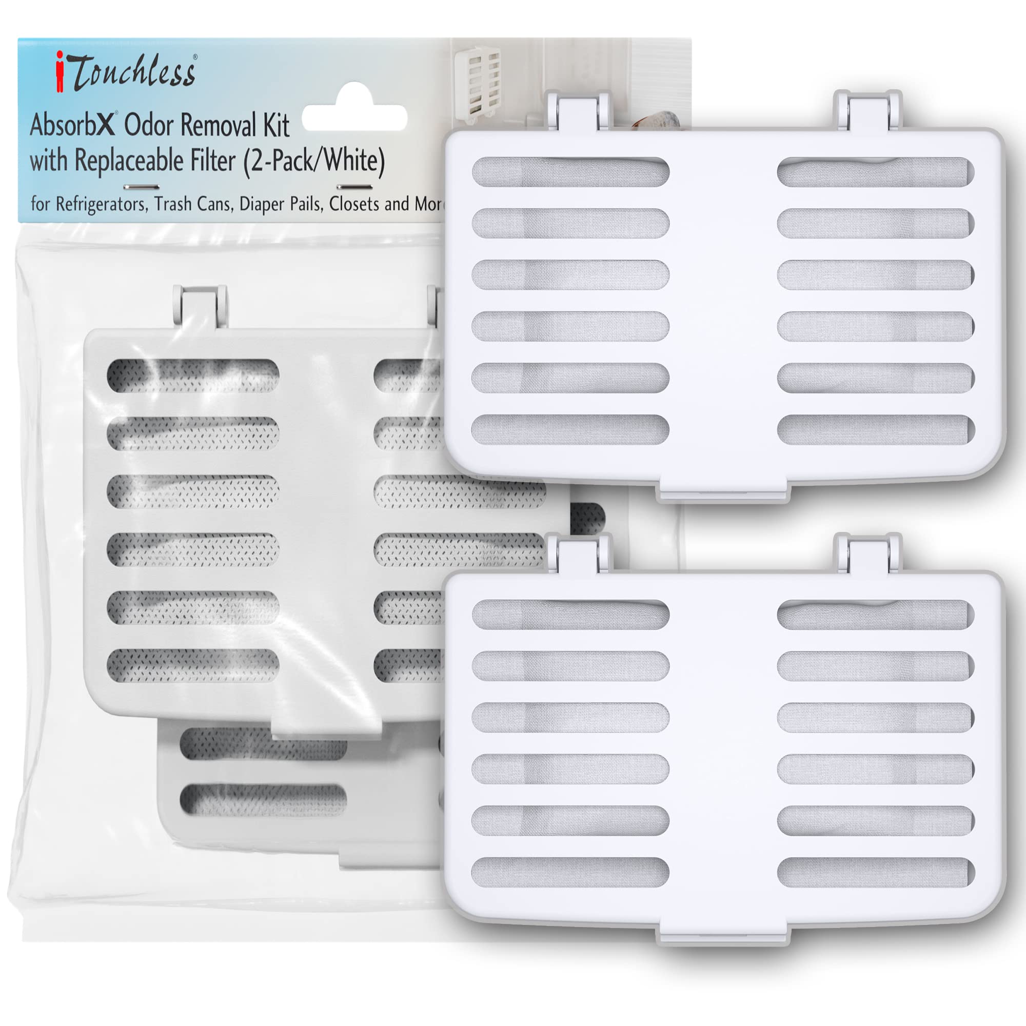 iTouchless AbsorbX Odor Removal Kit with Replaceable Deodorizer, Stick On Deodorizer Activated Carbon Filters eliminate smell in Closet, Drawer, Pantry, Shoe Rack, Locker, Trash Can (2-Pack)