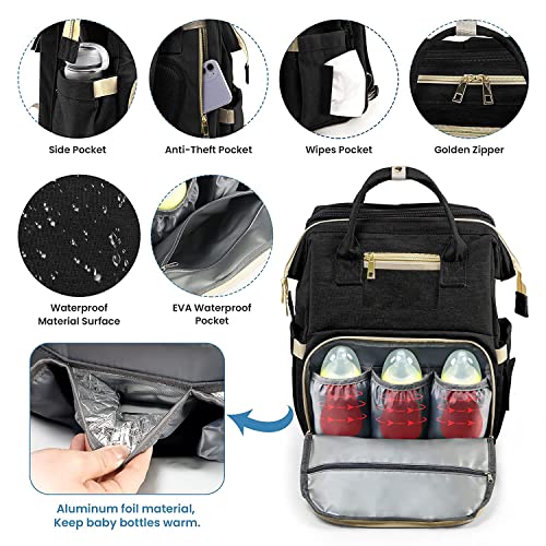 Kompoll Diaper Bag Backpack, Multifunction Waterproof Large Travel Baby Changing Bags Back Pack for Dad/Mom, Stuff Organizer Backpack with Station, Registry Search (Black)
