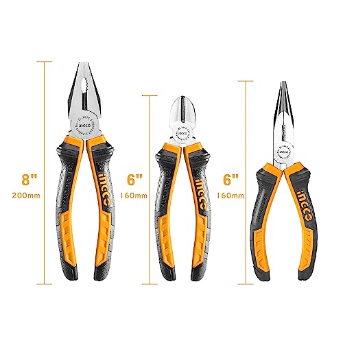 INGCO Pliers Tool Set, 3pcs Small Plier Set, 8 Inch Combination Pliers, 6 Inch Diagonal Cutting Pliers, 6 Inch Needle Nose Pliers HKPS08318