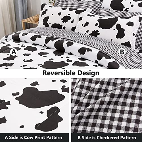 PERFEMET Cow Print Bedding Comforter Set Cartoon Milk Cow Print Bedding Set Reversible Plaid Grid Bed Sets for Kids Teens Boys Girls (Twin/Twin XL Size, Black and White)
