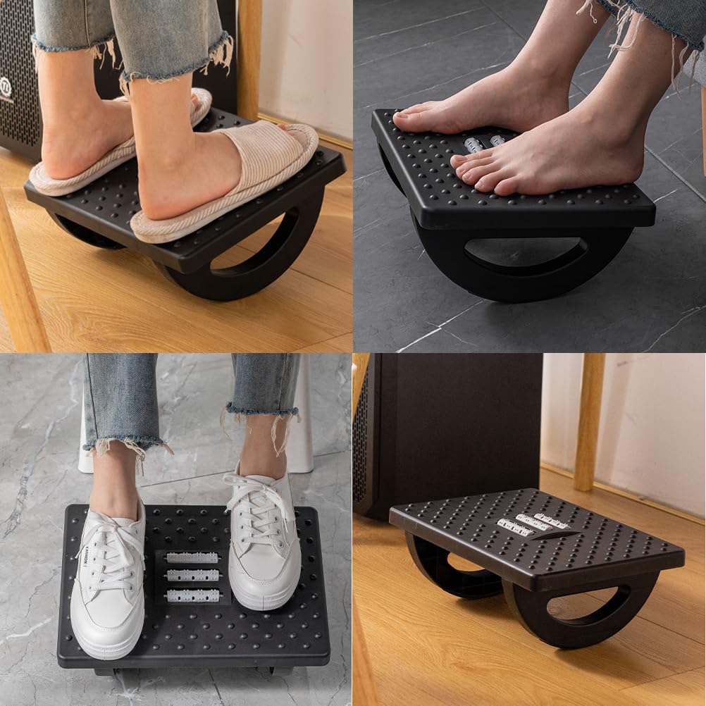 Foot Rest, Adjustable Height Foot Rest for Under Desk at Work, Ergonomic Foot Stool Under Desk for Office, Under Desk Footrest with Large Roller Massage, Desk Foot Rest for Pressure Relief (Black)