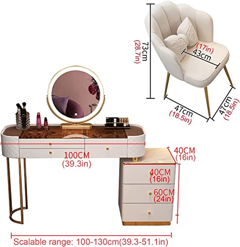 OLOTU Nordic Vanity Desk with Glass Tabletop, Makeup Vanity with Ergonomic Chair, Dressing Table with Lights Mirror and Drawers