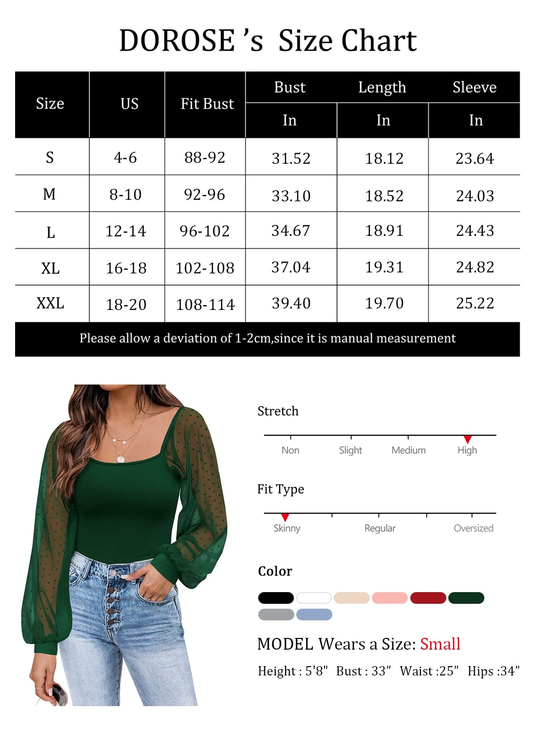 DOROSE Womens Mesh Long Sleeve Shirts Casual Blouses Tops Christmas Dark Green M