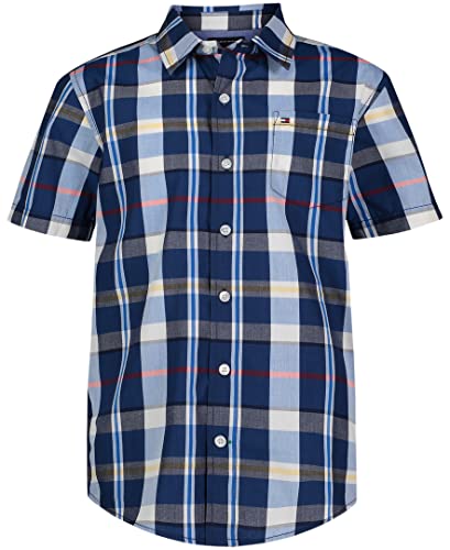 Tommy Hilfiger Boys' Short Sleeve Woven Button Down Shirt, Navy Blazer Plaid, 16-18