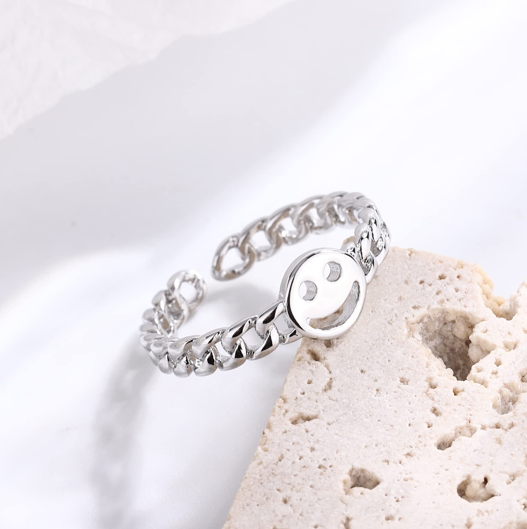 DXZNBEST Women Smiley Face Ring Good Luck Band Open Smiling Happy Face Rings Statement Jewelry Adjustable Bands for Women Men 2PCS