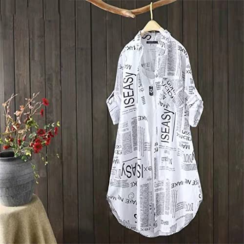 Women's Newspaper Printed Shirts Long Sleeve Button Down Blouses Lapel Oversized Tunic Tops White L