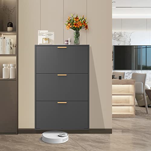 Omethey Shoe Cabinet with 3 Flip Drawers, Wall Mount & Floor Mount Shoe Organizer, All Steel Black Narrow Shoe Storage Cabinet for Entryway, Hallway and Corridor
