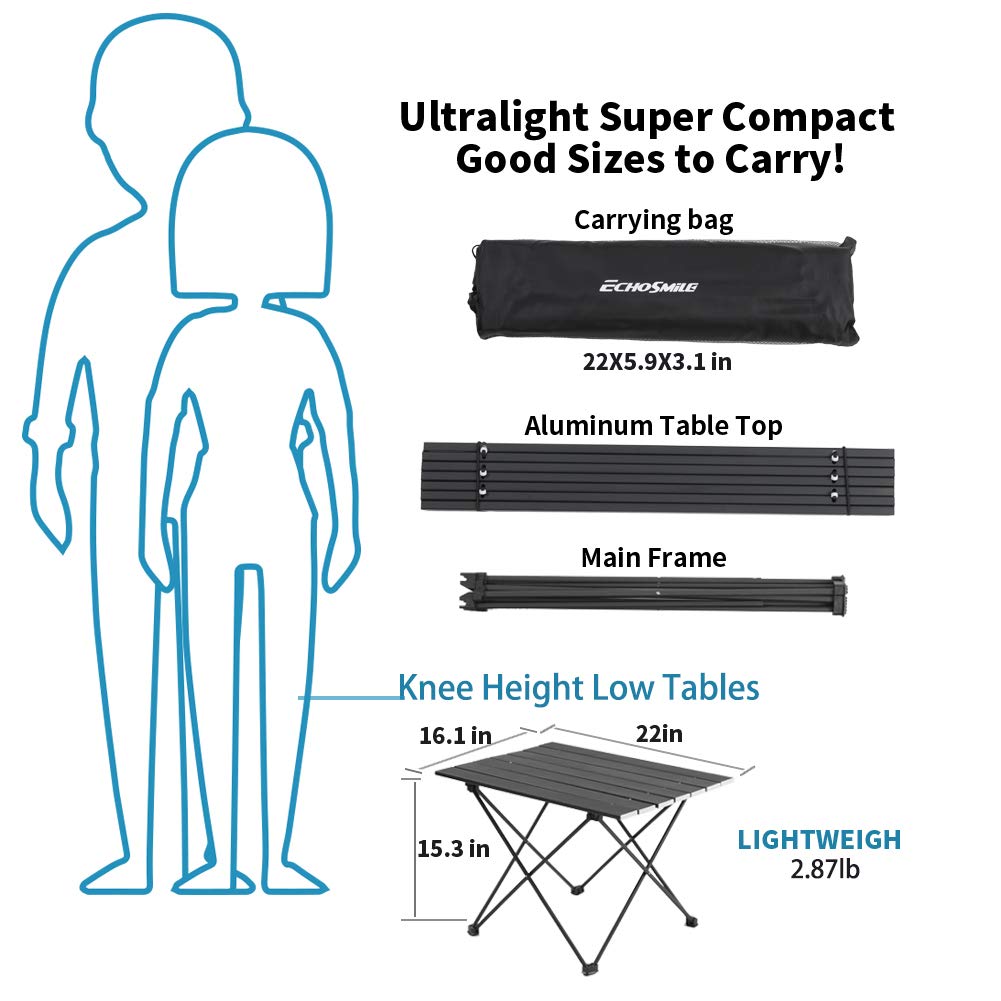 EchoSmile Medium Portable Camping Tables with Aluminum Table Top, Folding Table in a Bag for Picnic, Camp, Beach, Boat