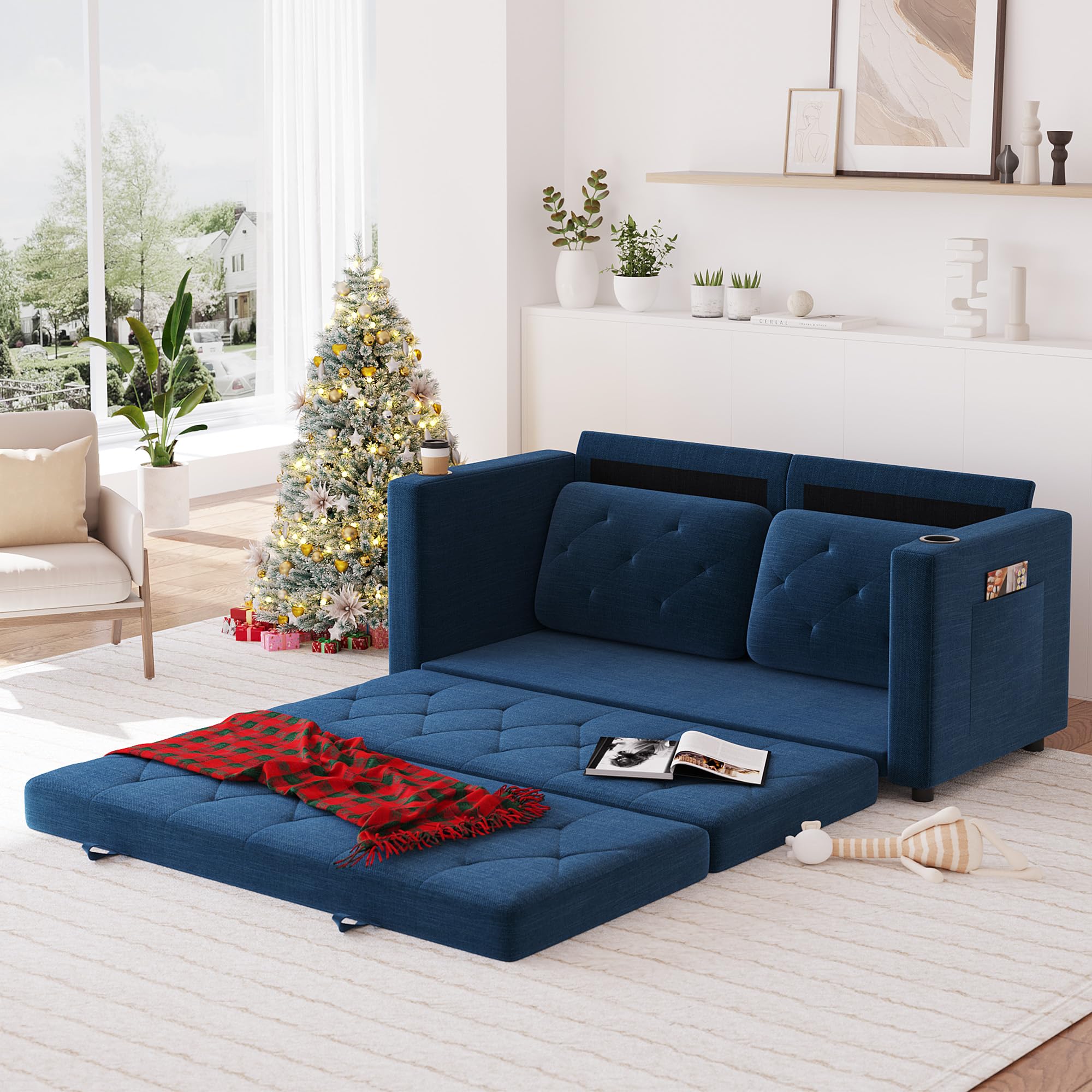 HNEBC Pull Out Sleeper Sofa, Loveseat Futon Sofa Bed with Side Pockets, Convertible Floor Small Couch with Cup Holders, Full Size Folding Couches for Apartments/Living Room (Blue, 72008)