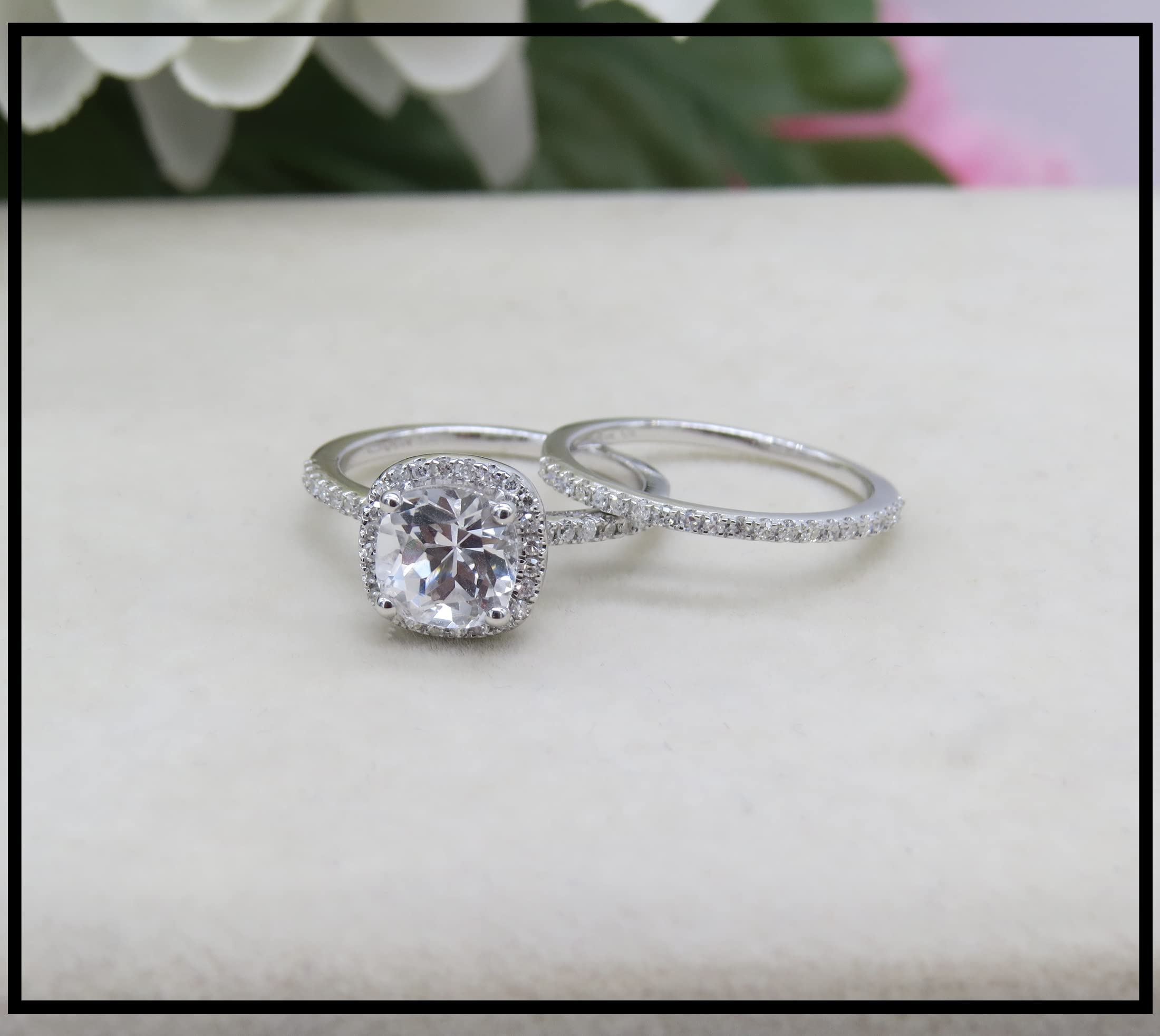 Dazzlingrock Collection Cushion Lab Created White Sapphire & Round Natural White Diamond Bridal Halo Engagement Ring Set, 10K White Gold, Size 7