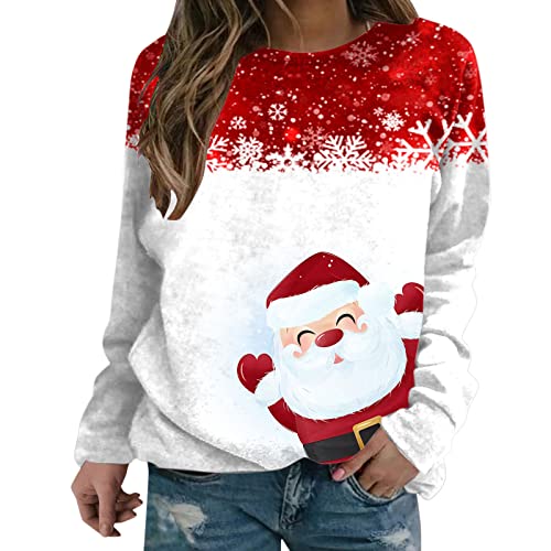 GuangYuan Women Long Sleeve Tshirt Christmas Print Pullover Long Sleeve Sweatshirts Drop Shoulder Pullover Clothes Outfits White
