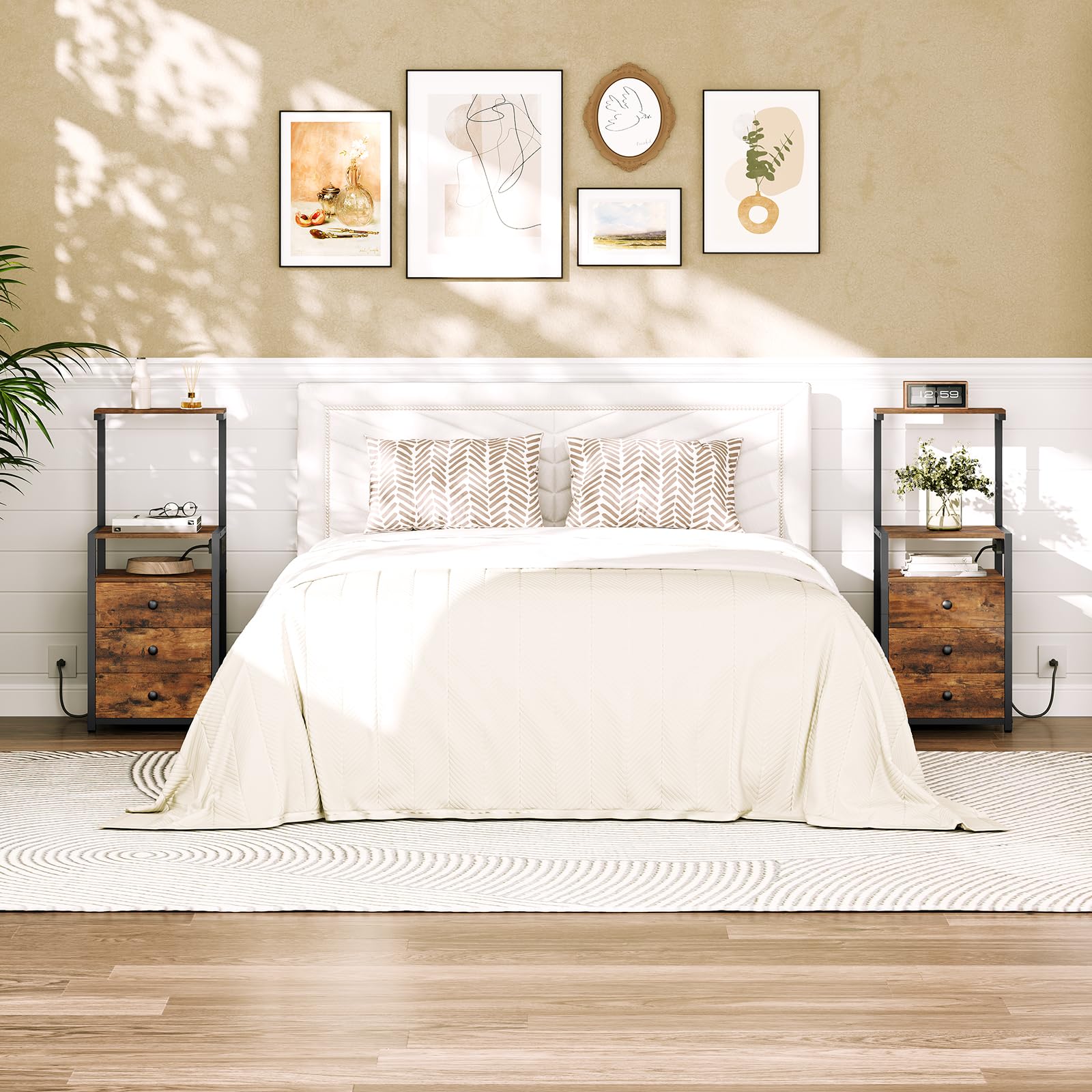 HOOBRO Nightstand with Charging Station, End Table with 3 Drawers and Storage Shelves, Side Table with USB Ports and Outlets, Bedside Table for Bedroom, Rustic Brown and Black BF131UBZ01