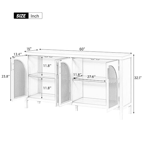 LUMISOL Accent Buffet Cabinet with Rattan Doos, Modern Sideboard and Buffet Table Console Table with Adjustable Shelves for Living Room, White