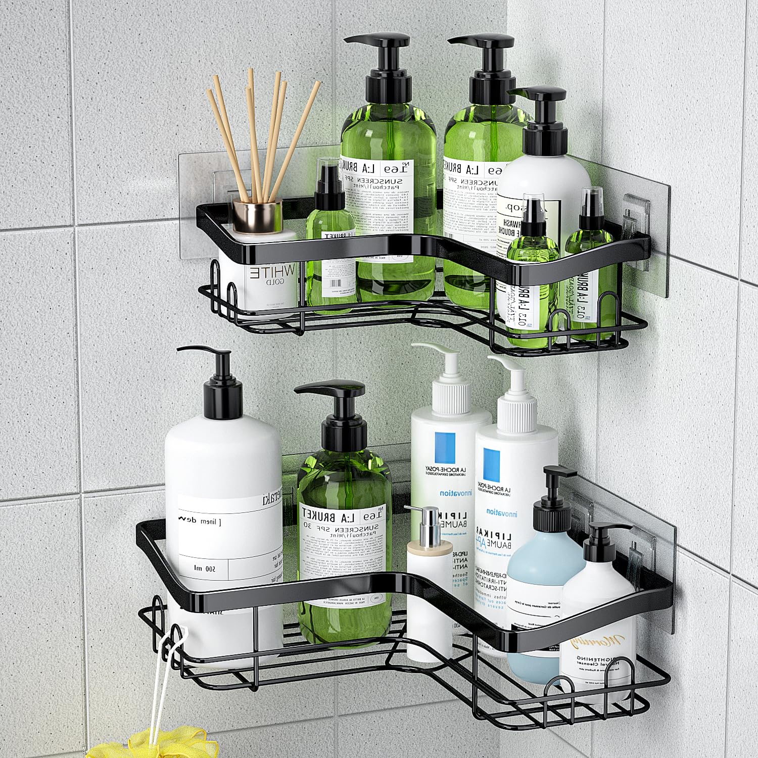 KiKiRico Corner Shower Caddy, 2 Pack No Drilling Shower Organizer with 8 Hooks, Adhesive Rustproof and Waterproof Stainless Shower Shelves for Bathroom, Black Storage Racks