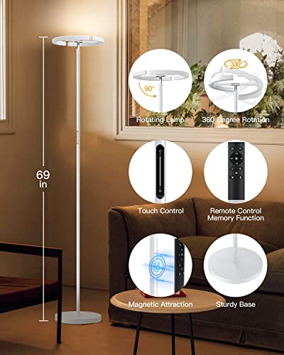 SIBRILLE White Floor Lamp, Modern Stepless Dimmable Standing Lamp 3000-6000K, 20W LED Rotatable Reading Tall Lamp, Touch & Remote Control Uplighter Floor Lamps for Living Room Bedroom Office