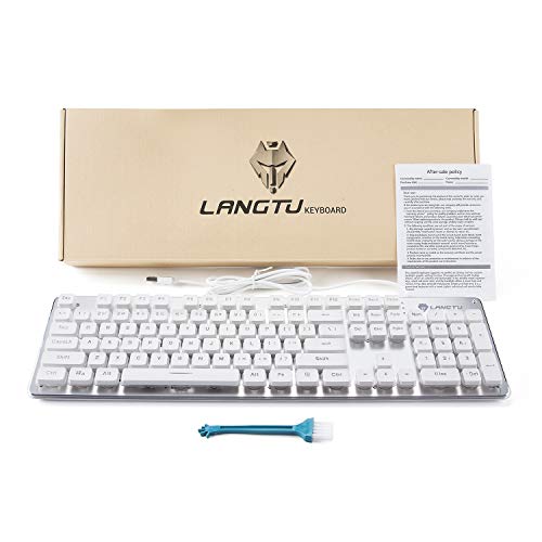 LANGTU Membrane Gaming Keyboard, Rainbow LED Backlit Quiet Keyboard for Office, USB Wired All-Metal Panel 25 Keys Anti-ghosting Computer Keyboard 104 Keys - L1 White/Silverā¦