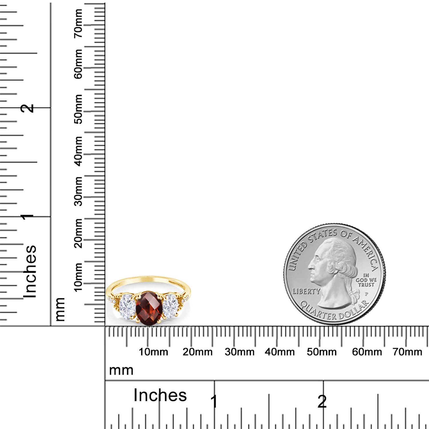 Gem Stone King 10K Yellow Gold Red Garnet White Moissanite and Diamond Accent 3-Stone Engagement Ring For Women | 2.58 Cttw | Gemstone Birthstone | Size 5,6,7,8,9