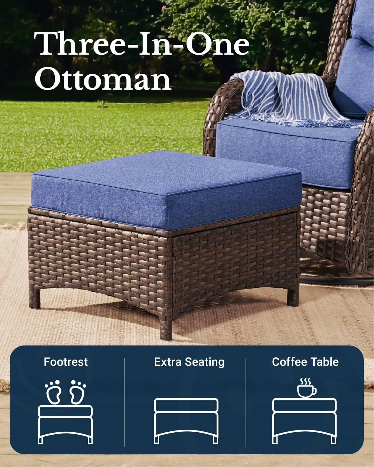HILLGA Luxury 2PCS Patio Ottomans Footrest, Premium Wicker Steel Frame Outdoor Fabric, Comfortable Cushions, for Garden, Patio, Backyard and Deck(Rice White)