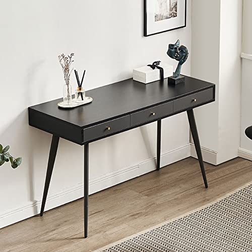 JURMALYN 47" Mid Century Modern Desk with Drawers Black Computer Desk Minimalist Desk with Metal Legs for Home Office, Easy Assembly (Black + Dark Grey)