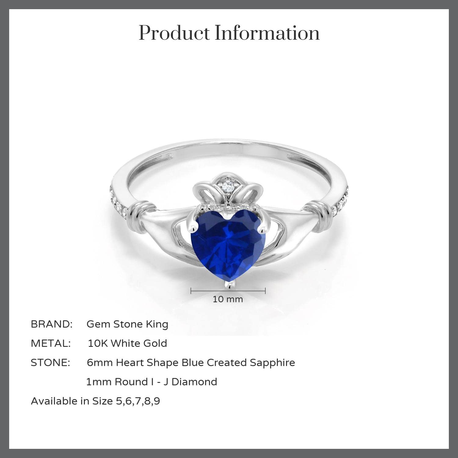 Gem Stone King 10K White Gold Blue Created Sapphire and White Diamond Irish Celtic Claddagh Ring For Women (0.86 Cttw, Heart Shape 6MM, Gemstone Birthstone, Available in size 5, 6, 7, 8, 9)