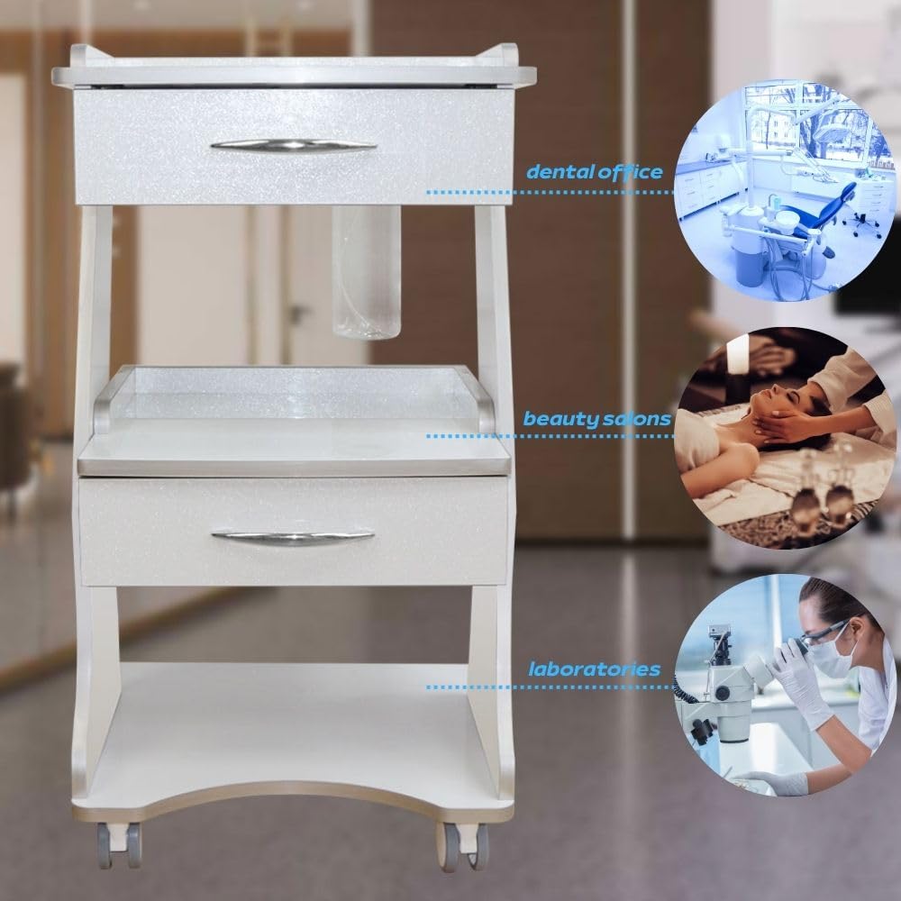 generic Mobile Rolling Trolley with Built-in Socket and Water Bottle, Multi-Function 3-Layer Cart with Wheels and 2 Drawers for Dental Labs Beauty Salon, White