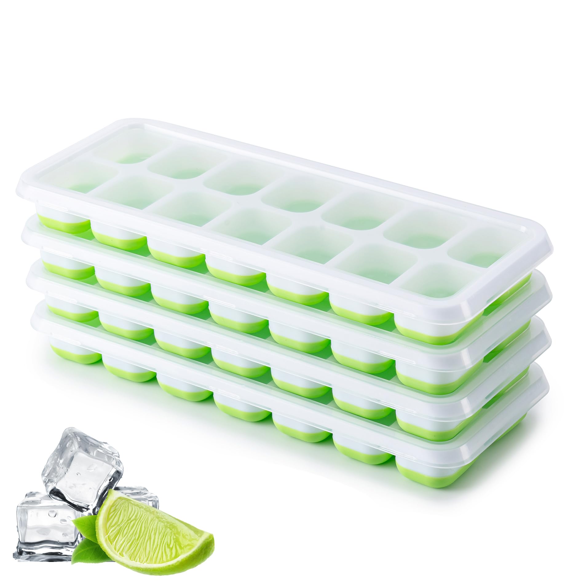 Ice Cube Tray, 4Pcs Silicone Easy-Release 14-Ice Cube Trays for Freezer with Spill-Resistant Removable Lid, Stackable Ice Molds Covers for Cocktails