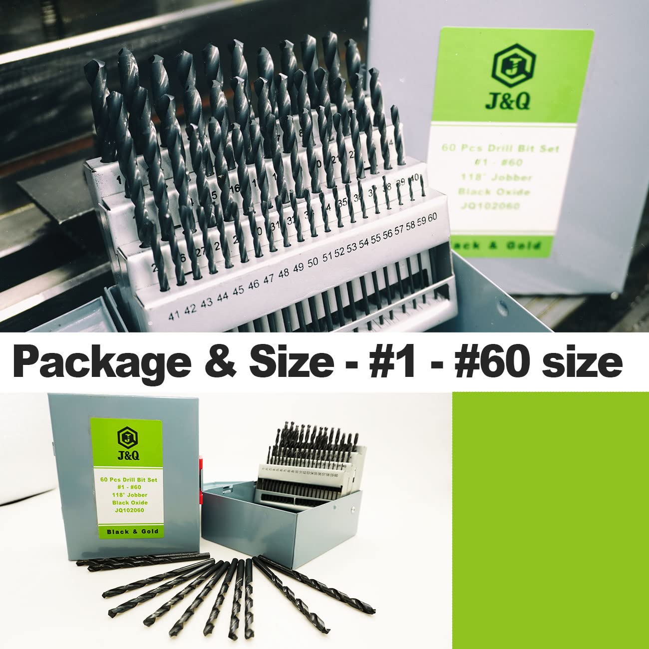 J&Q Numbered Drill Bit 60 Pieces High Speed Steel Drill Bit Set (Wire Sizes: #1,#60) with Black Oxide Finish,118 Degrees Point, General Purpose, Aluminum Alloy, and Composite Materials