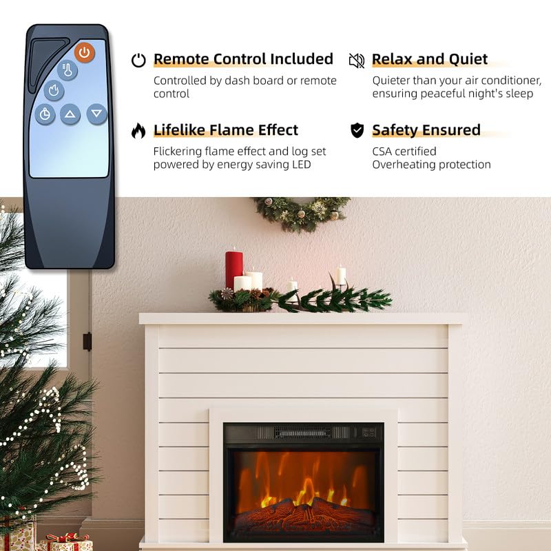 Electric Fireplace Mantel with 23" Electric Fireplace Insert, Package Freestanding Firebox TV Stand Corner Firebox with Log & Remote Control, 750W-1500W, White Stripes