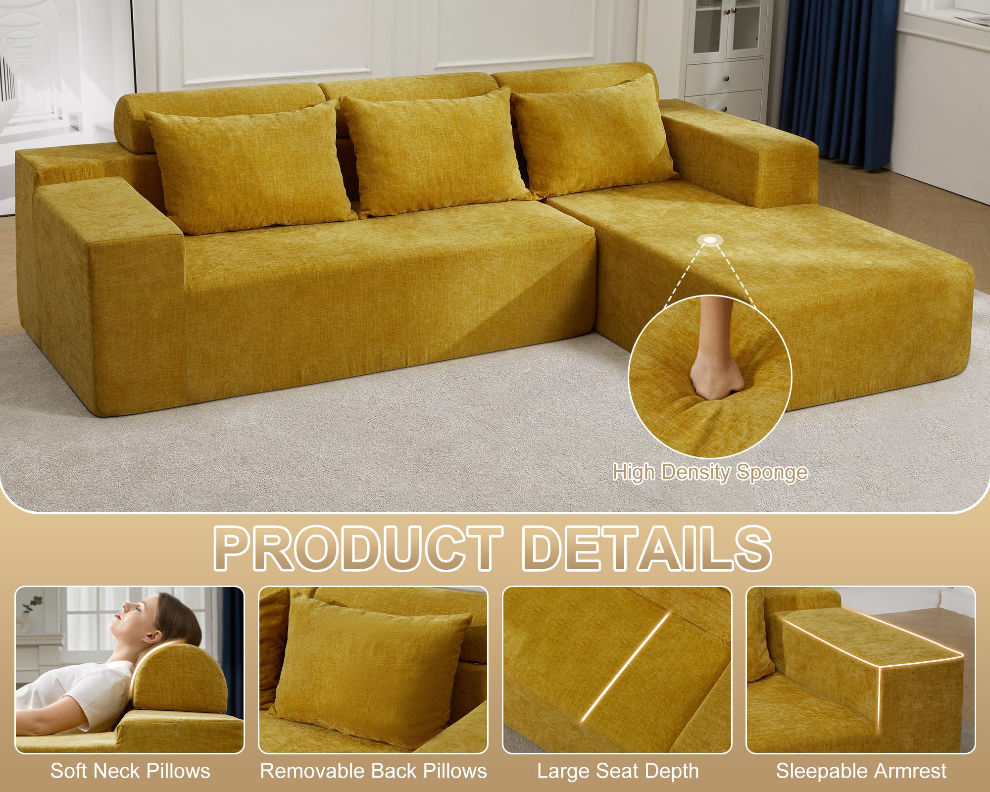 Hobestluk Modular Sectional Sofa L-Shape Couch 3 Seat Modular Sofa Memory Foam Sectional Couches for Living Room, Cloud Couch with Oversized Chaise (Yellow, Medium(Right Facing Chaise))