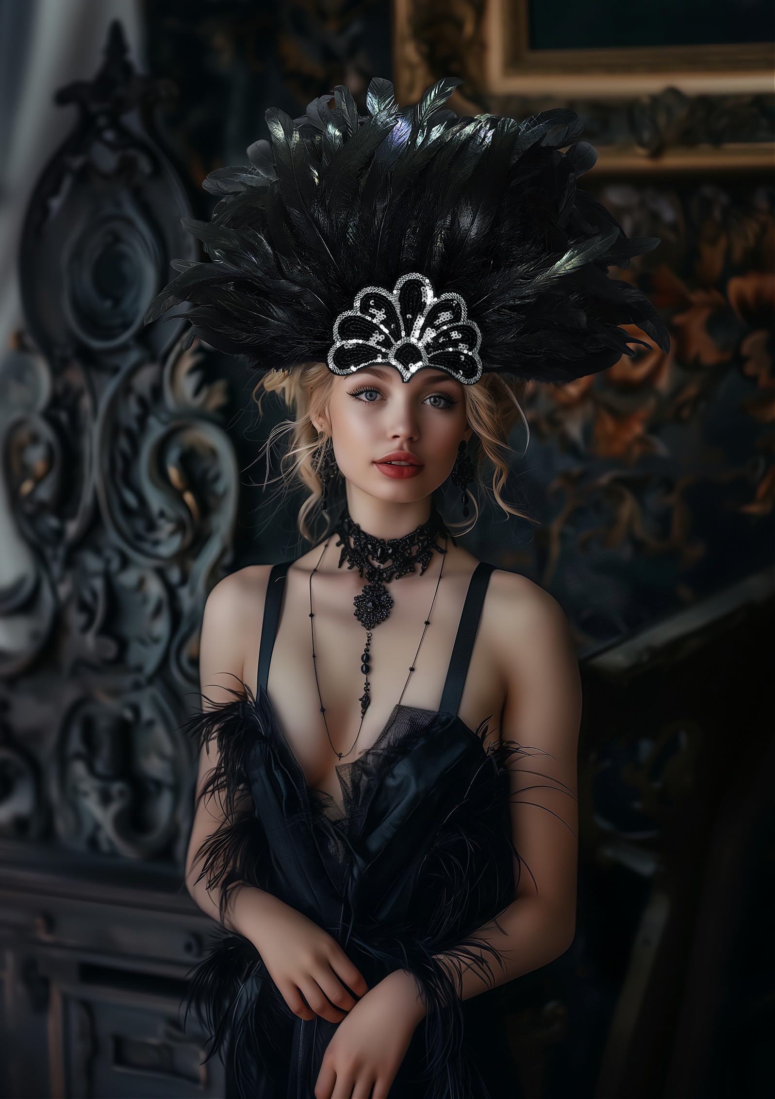 JEGERMIG Black Feather Sequin Headwear Carnival Headpiece Showgirl Cosplay Accessories for Women